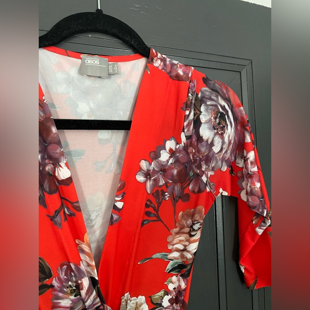 Red Floral Midi Wrap Dress - Gem